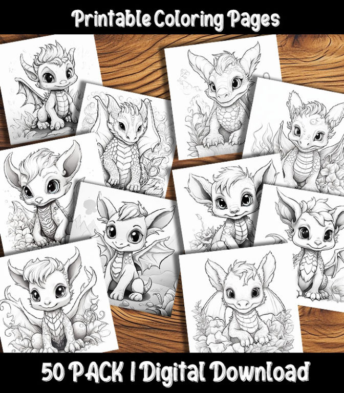 Baby Dragon Coloring Pages Digital 50 Pack | Happy Colorist