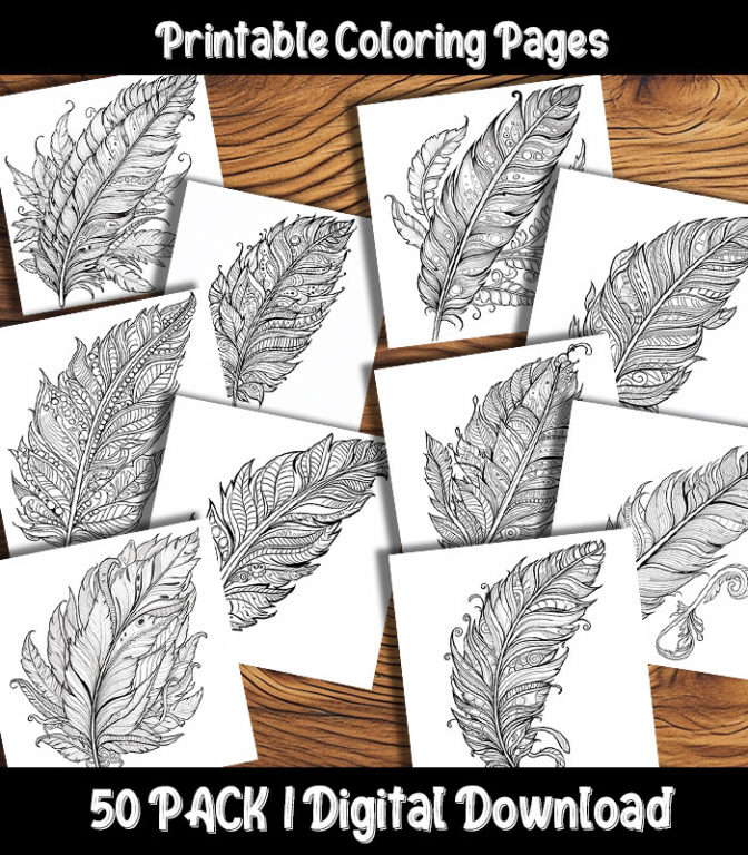 Feather Coloring Pages Digital 50 Pack | Happy Colorist