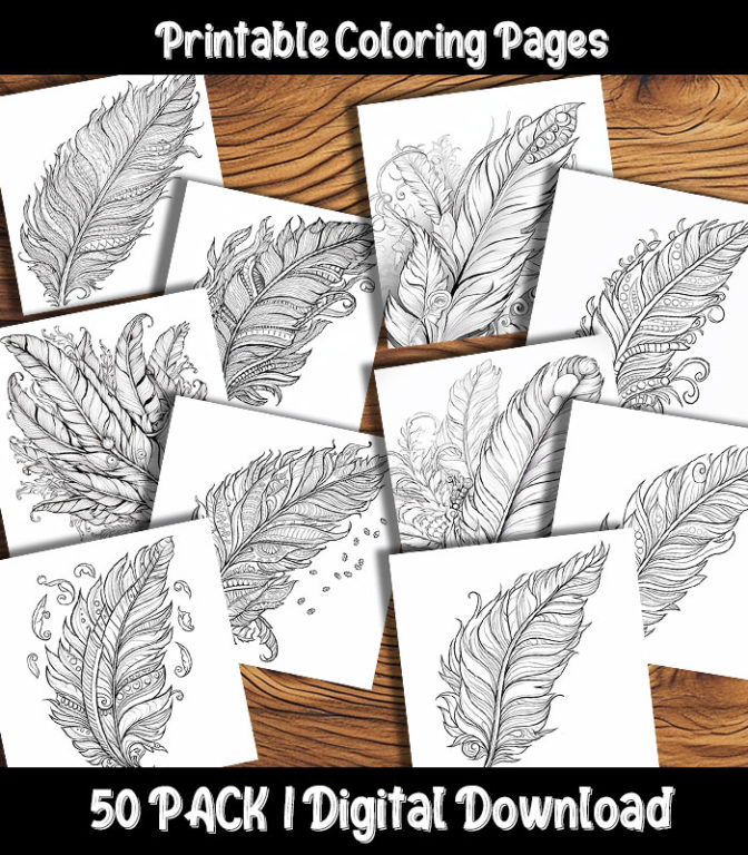 Feather Coloring Pages Digital 50 Pack | Happy Colorist