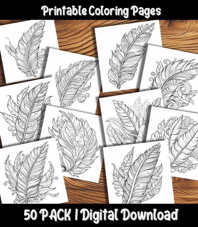 Feather Coloring Pages Digital 50 Pack | Happy Colorist
