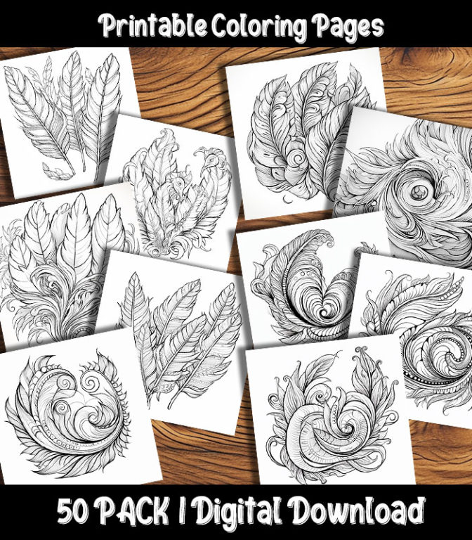 Feather Coloring Pages Digital 50 Pack | Happy Colorist