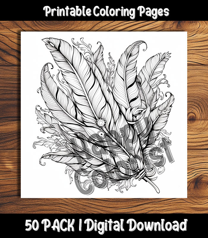 Feather Coloring Pages Digital 50 Pack | Happy Colorist
