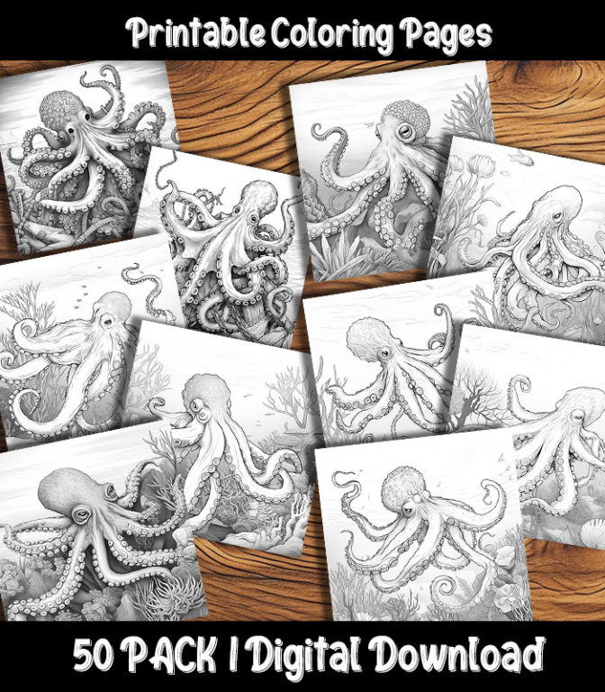 Octopus Coloring Pages Digital 50 Pack | Happy Colorist