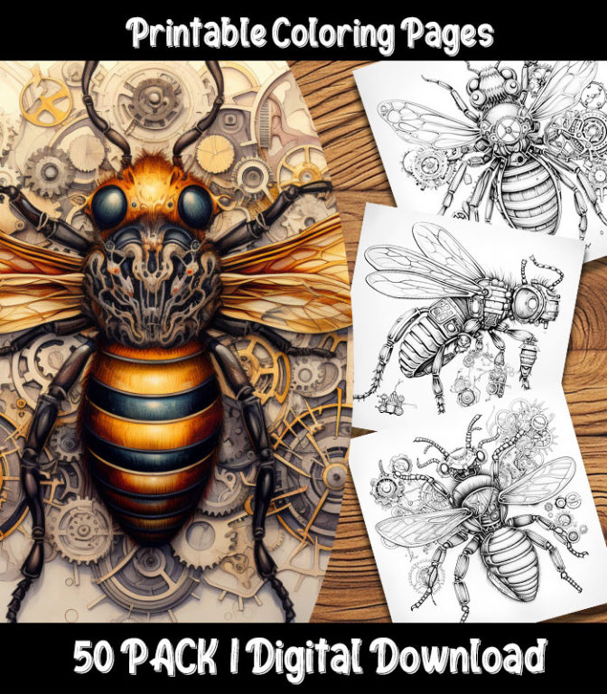 Steampunk Bee Coloring Pages Digital 50 Pack | Happy Colorist