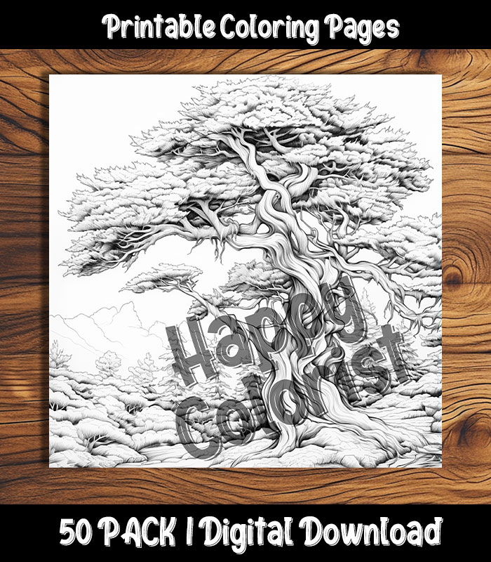 Tree Coloring Pages Digital 50 Pack | Happy Colorist
