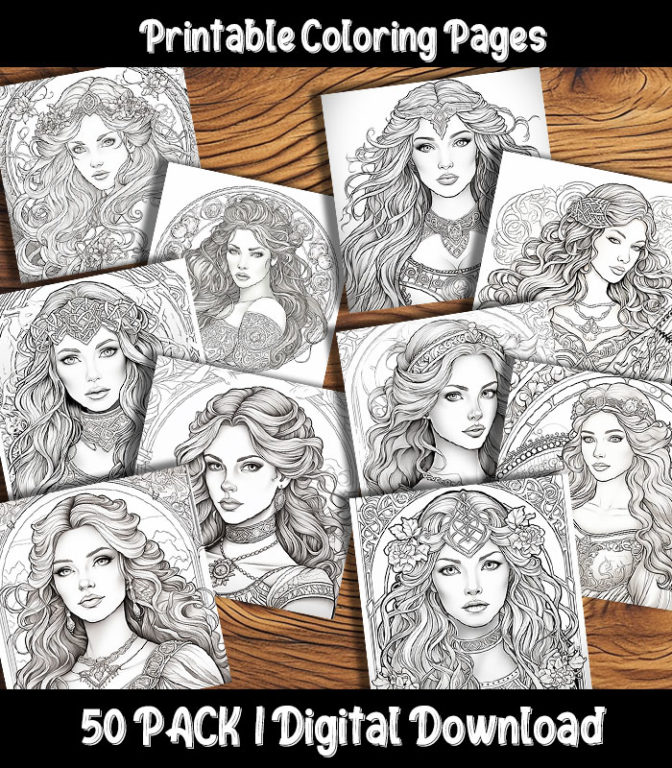 Celtic Maidens Coloring Pages Digital 50 Pack | Happy Colorist