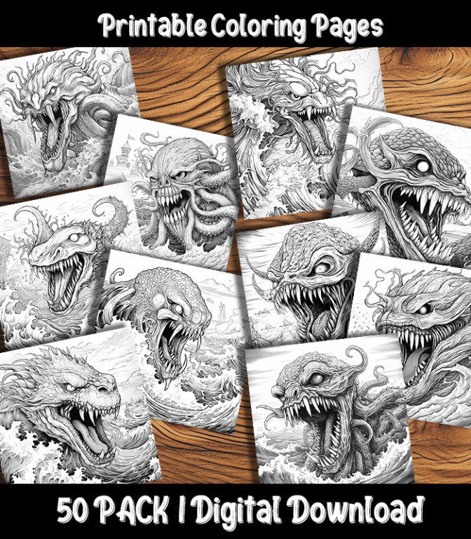 Sea Monster Coloring Pages Digital 50 Pack | Happy Colorist