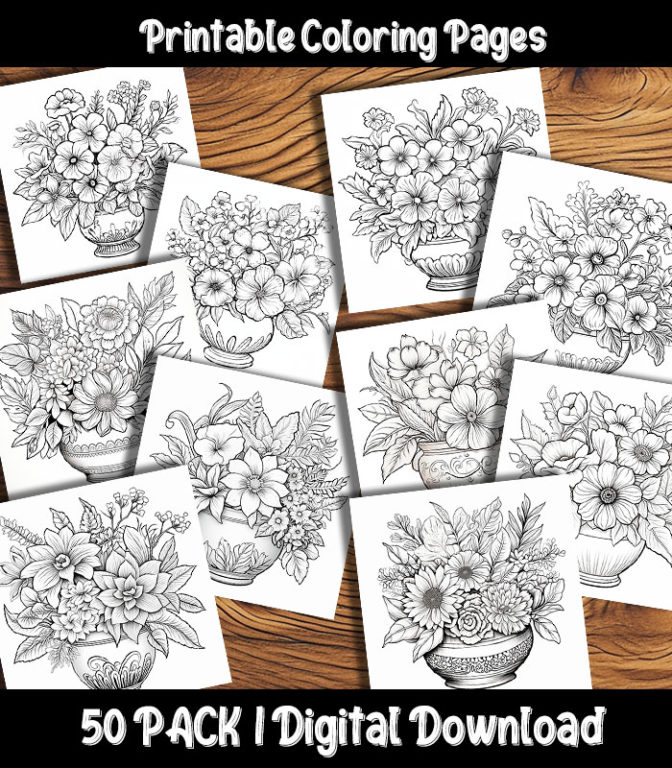 Floral Delight Coloring Pages Digital Download 50 Pack