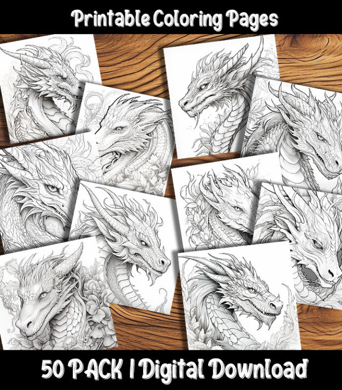Dragon Coloring Pages Digital 50 Pack | Happy Colorist