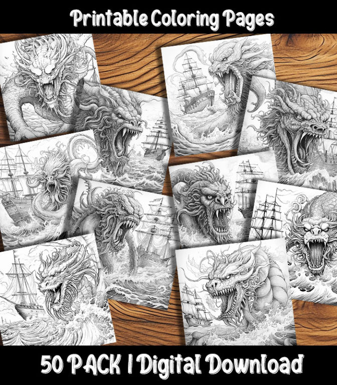 Sea Monster Coloring Pages Digital 50 Pack | Happy Colorist