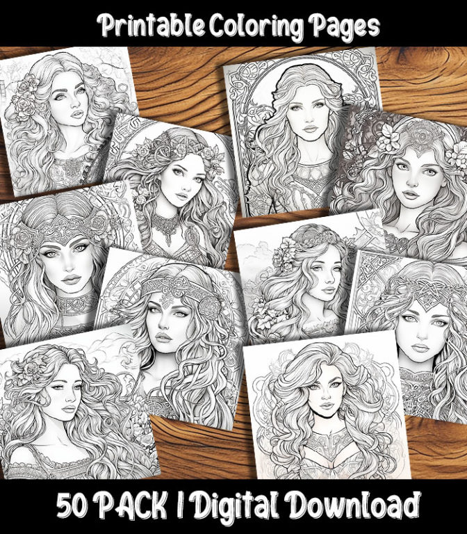 Celtic Maidens Coloring Pages Digital 50 Pack | Happy Colorist