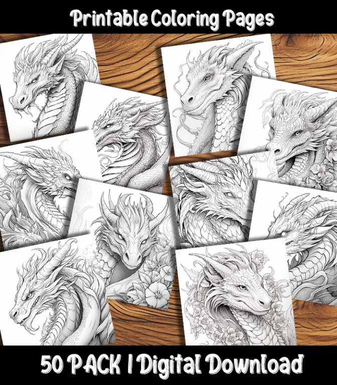 Dragon Coloring Pages Digital 50 Pack | Happy Colorist