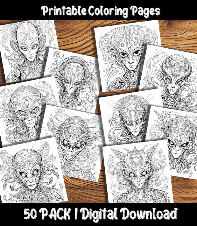 Alien Coloring Pages Digital 50 Pack | Happy Colorist