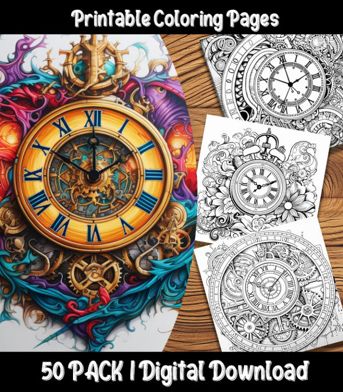 Clock Coloring Pages Digital 50 Pack | Happy Colorist