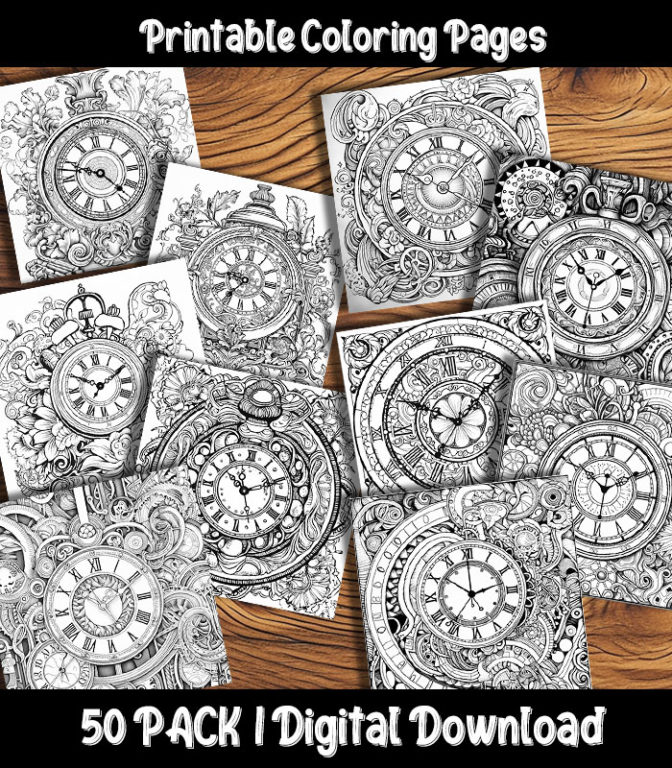 Clock Coloring Pages Digital 50 Pack | Happy Colorist