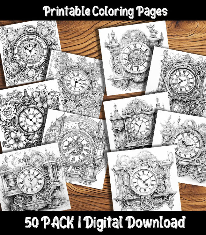 Clock Coloring Pages Digital 50 Pack | Happy Colorist
