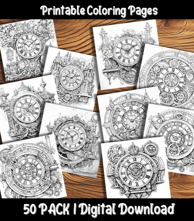 Clock Coloring Pages Digital 50 Pack | Happy Colorist