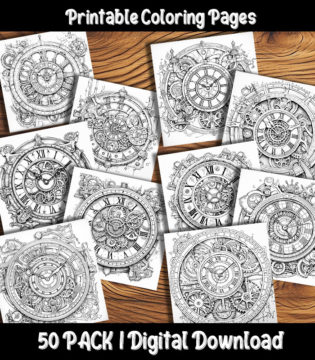 Clock Coloring Pages Digital 50 Pack | Happy Colorist