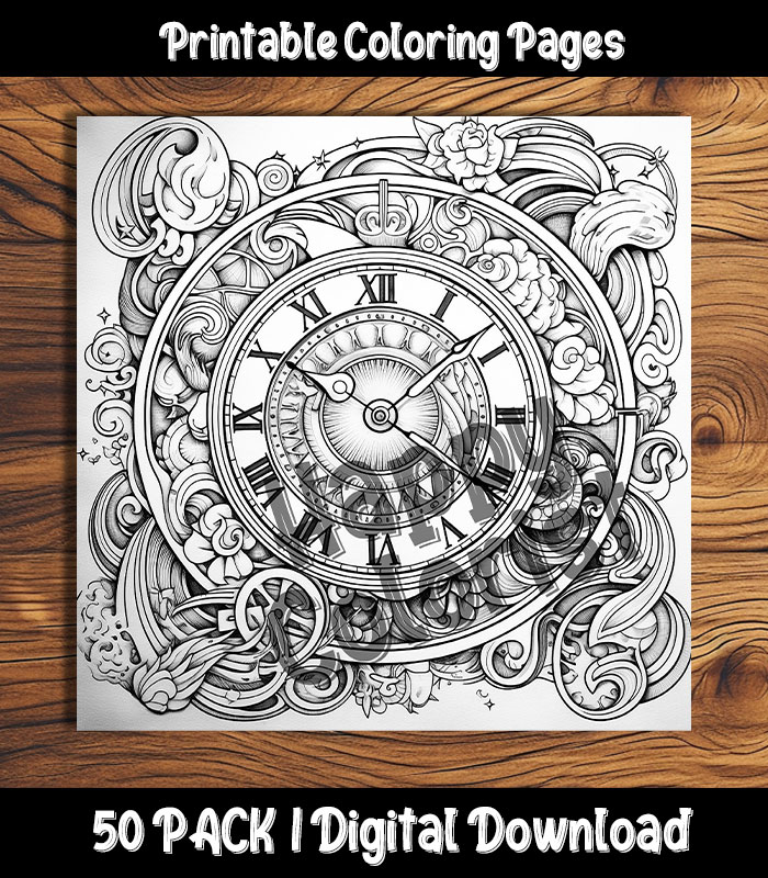 Clock Coloring Pages Digital 50 Pack | Happy Colorist