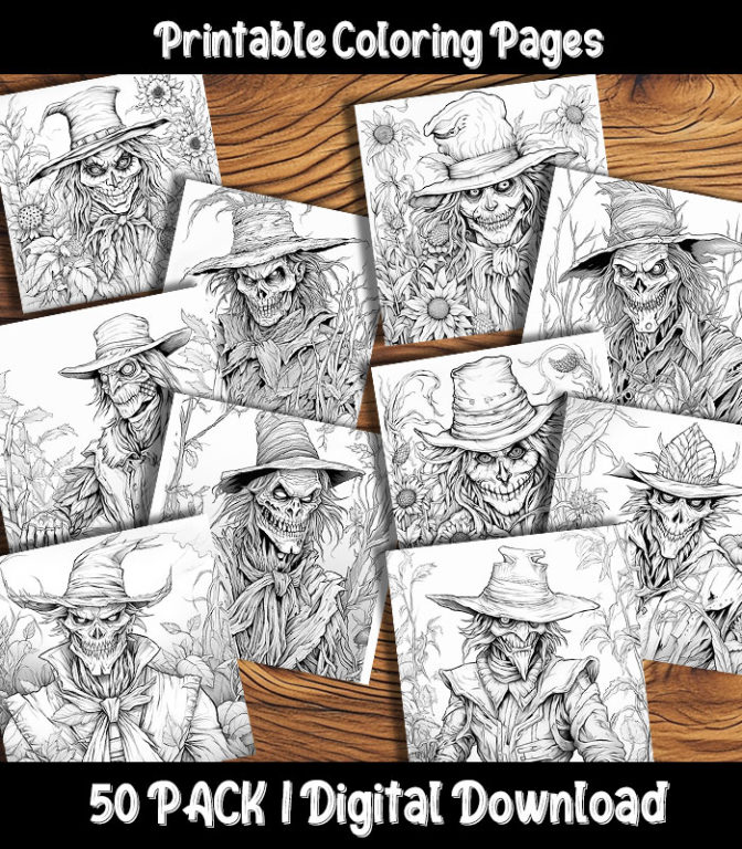 Creepy Scarecrow Coloring Pages Digital 50 Pack