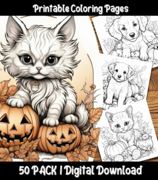 Halloween Pets Coloring Pages Digital 50 Pack