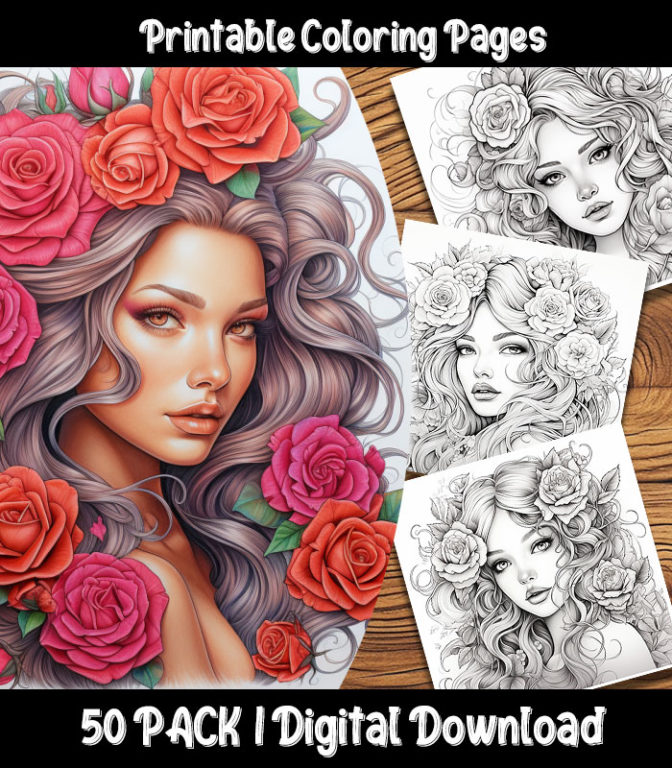 Rose Woman Coloring Pages Digital 50 Pack | Happy Colorist