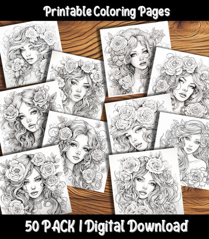 Rose Woman Coloring Pages Digital 50 Pack | Happy Colorist