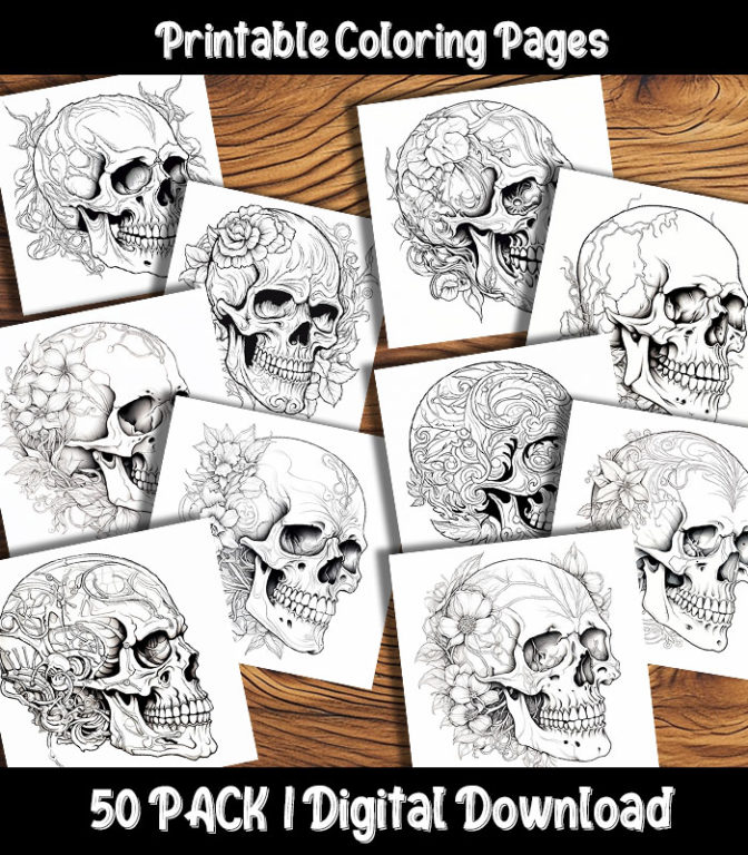 Skull Coloring Pages Digital 50 Pack | Happy Colorist