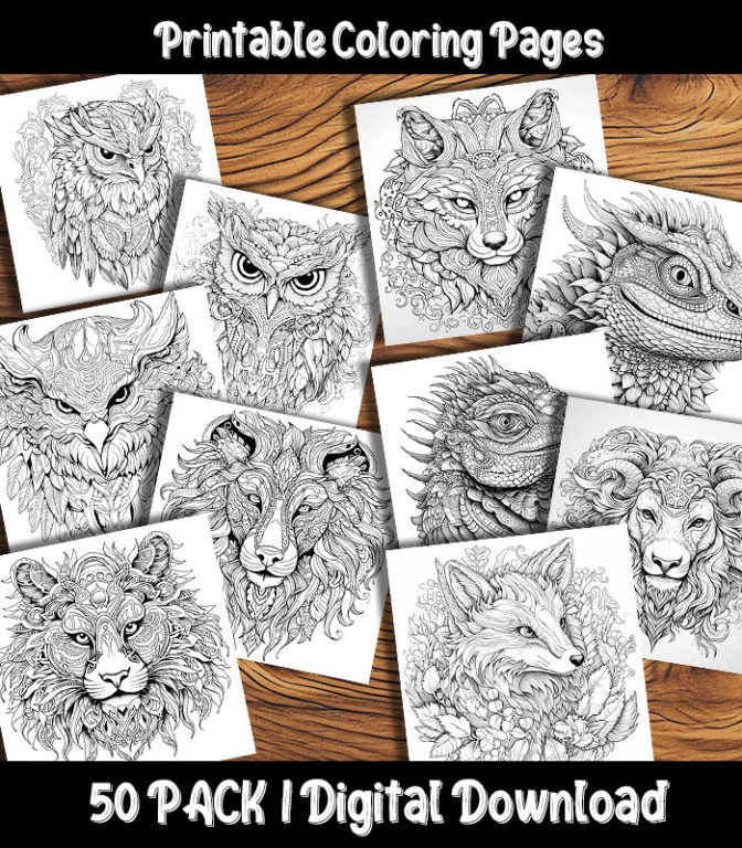 Artistic Animal Coloring Pages Digital 50 Pack | Happy Colorist