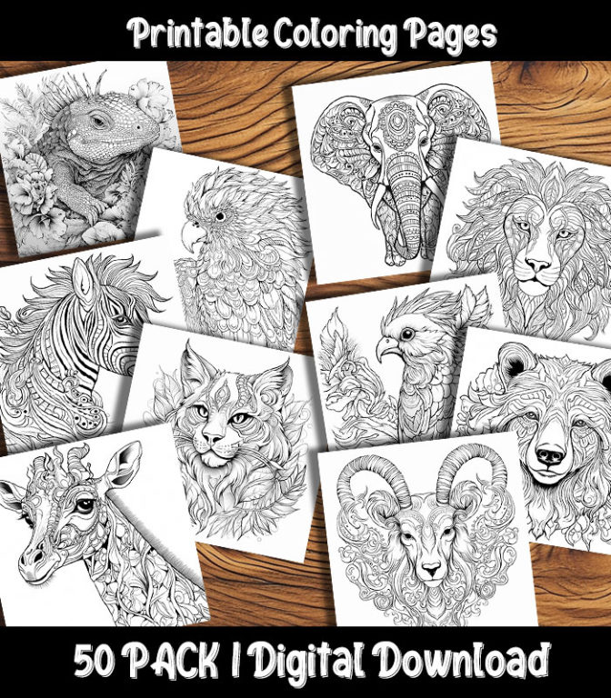 Artistic Animal Coloring Pages Digital 50 Pack | Happy Colorist