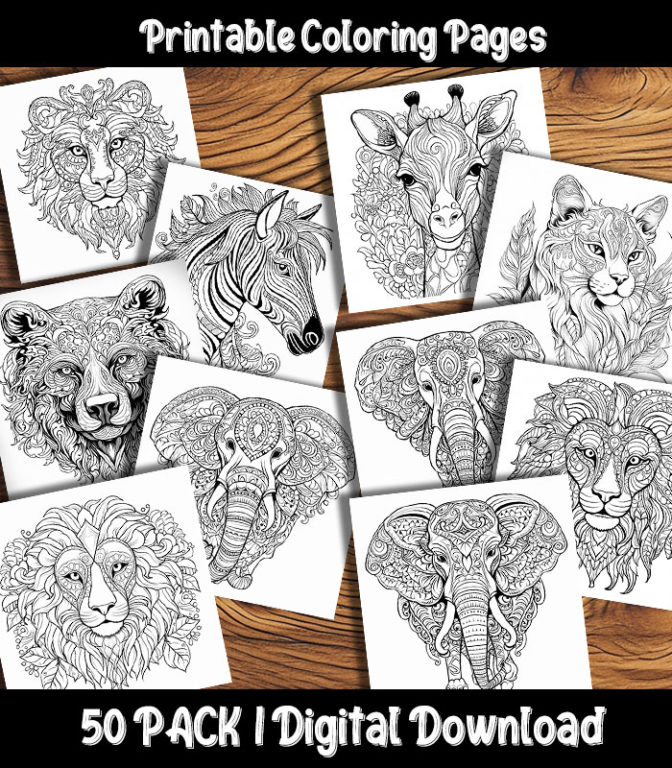 Artistic Animal Coloring Pages Digital 50 Pack | Happy Colorist