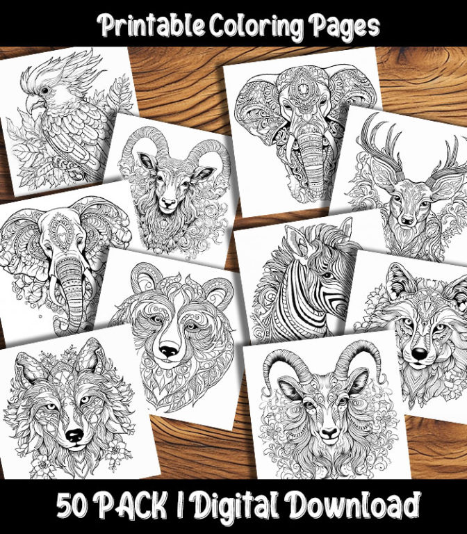 Artistic Animal Coloring Pages Digital 50 Pack | Happy Colorist