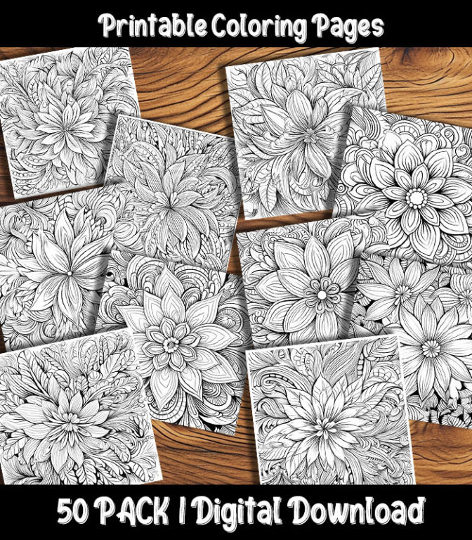 Stylized Flower Coloring Pages Digital 50 Pack