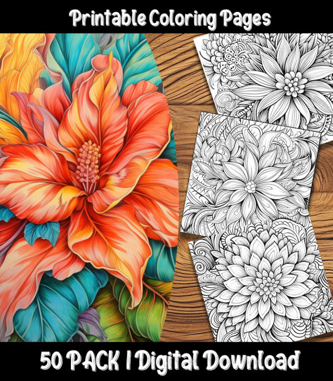 Stylized Flower Coloring Pages Digital 50 Pack
