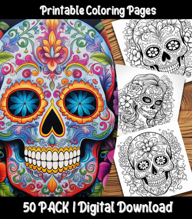 Sugar Skull Coloring Pages Digital 50 Pack | Happy Colorist