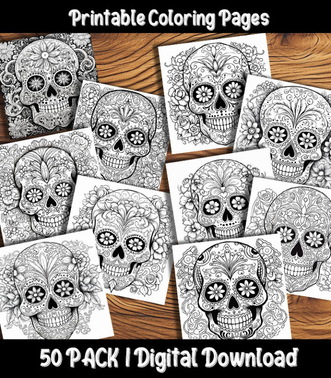 Sugar Skull Coloring Pages Digital 50 Pack | Happy Colorist