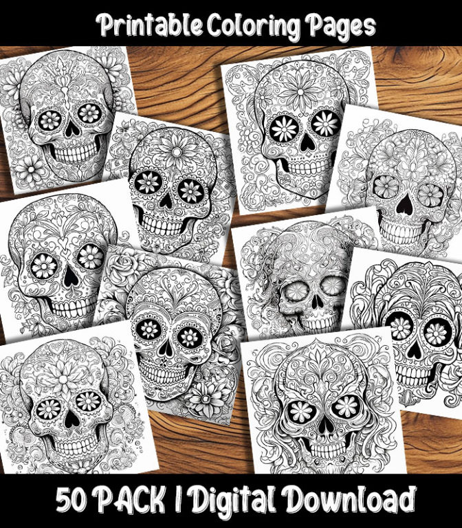 Sugar Skull Coloring Pages Digital 50 Pack | Happy Colorist