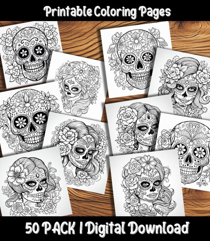 Sugar Skull Coloring Pages Digital 50 Pack | Happy Colorist