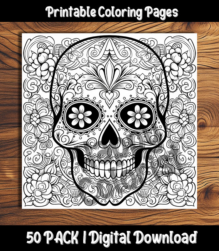 Sugar Skull Coloring Pages Digital 50 Pack | Happy Colorist