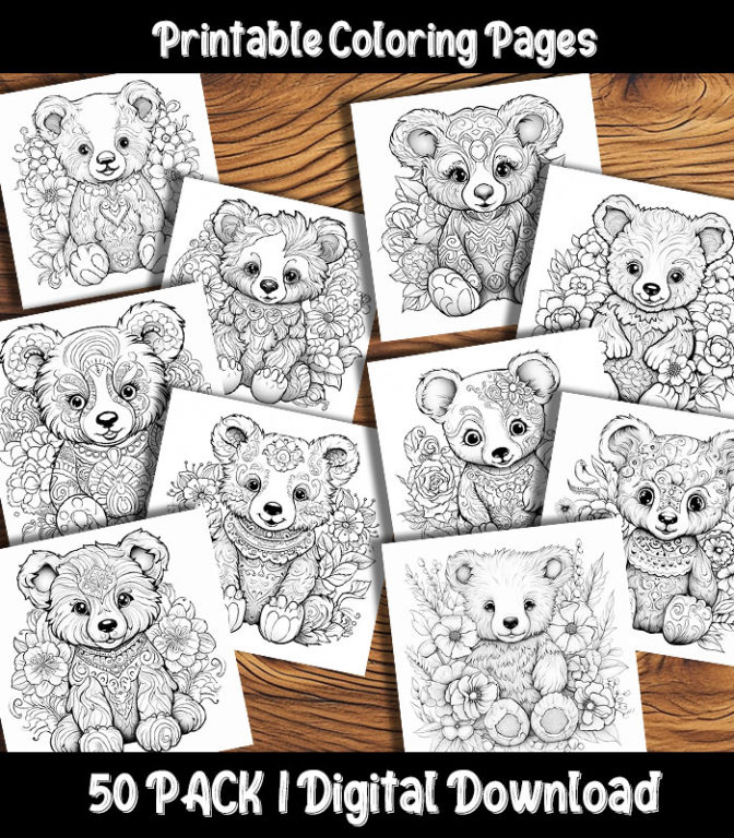 Teddy Bear Coloring Pages Digital 50 Pack | Happy Colorist