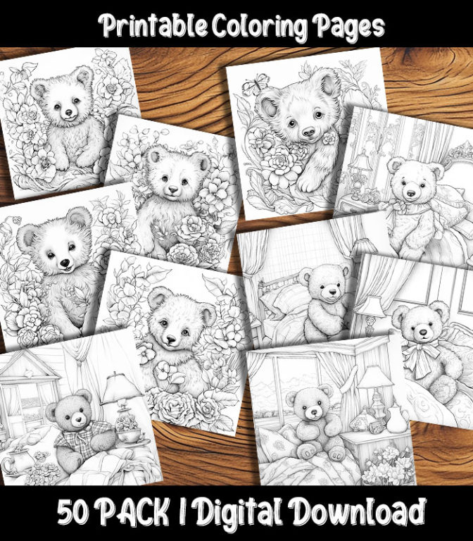 Teddy Bear Coloring Pages Digital 50 Pack | Happy Colorist