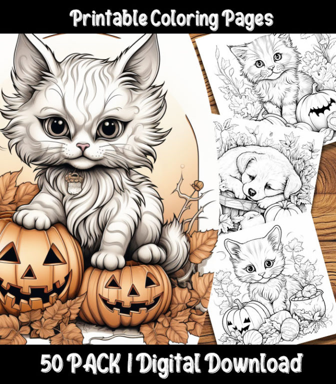 Halloween Pets Coloring Pages Digital 50 Pack
