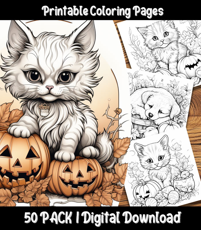 Halloween Pets Coloring Pages Digital 50 Pack
