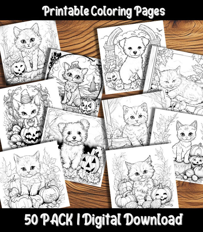 Halloween Pets Coloring Pages Digital 50 Pack