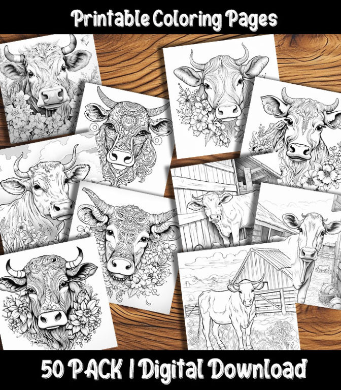 Cow Coloring Pages Digital 50 Pack | Happy Colorist