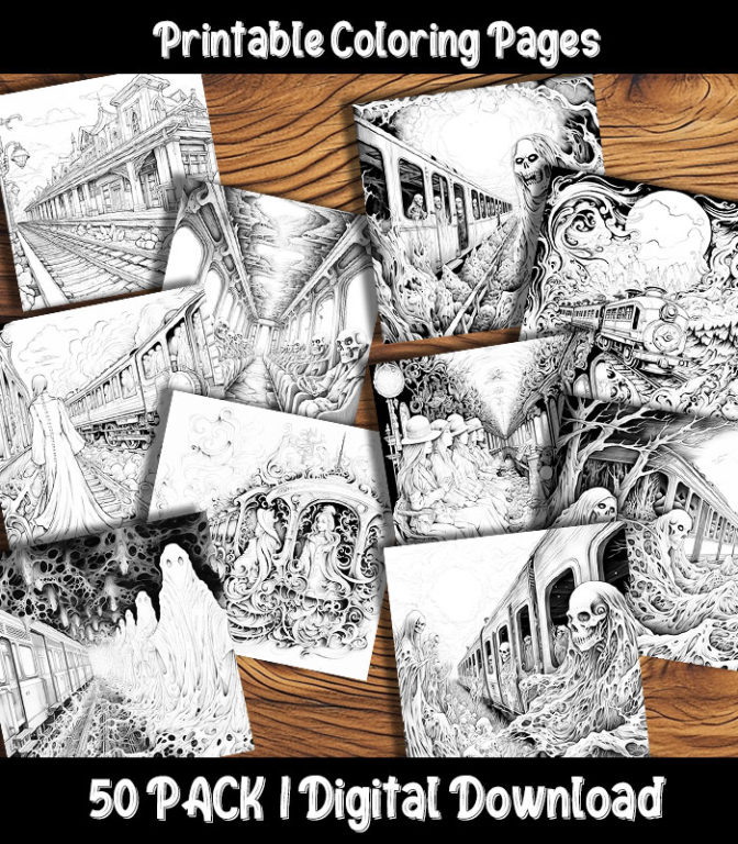 Ghost Train Coloring Pages Digital 50 Pack | Happy Colorist