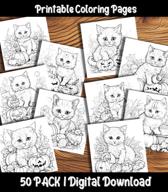 Halloween Pets Coloring Pages Digital 50 Pack