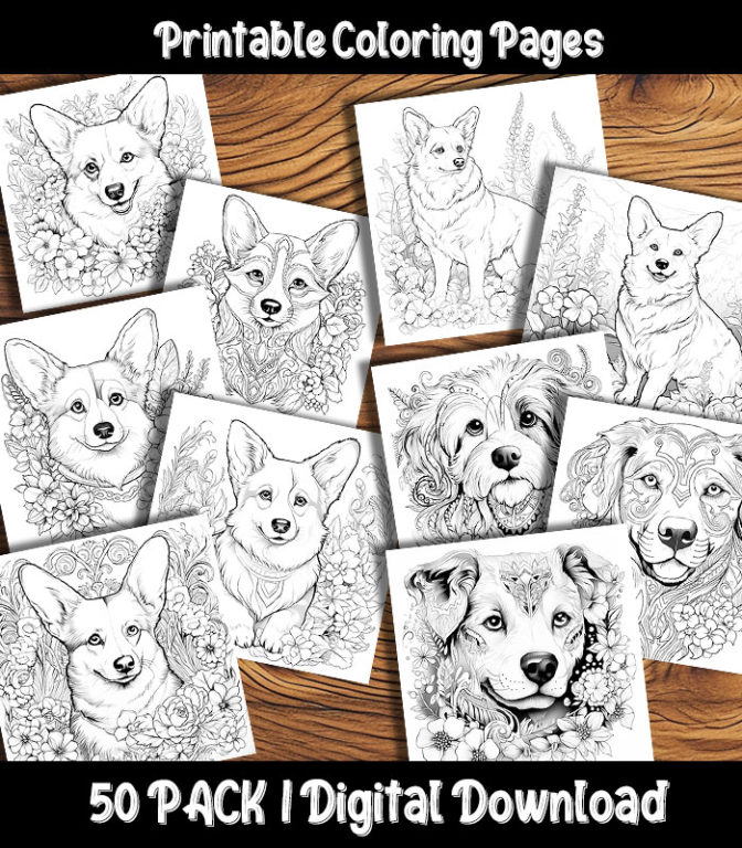 Dog Coloring Pages Digital 50 Pack | Happy Colorist