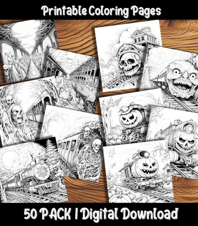 Ghost Train Coloring Pages Digital 50 Pack | Happy Colorist