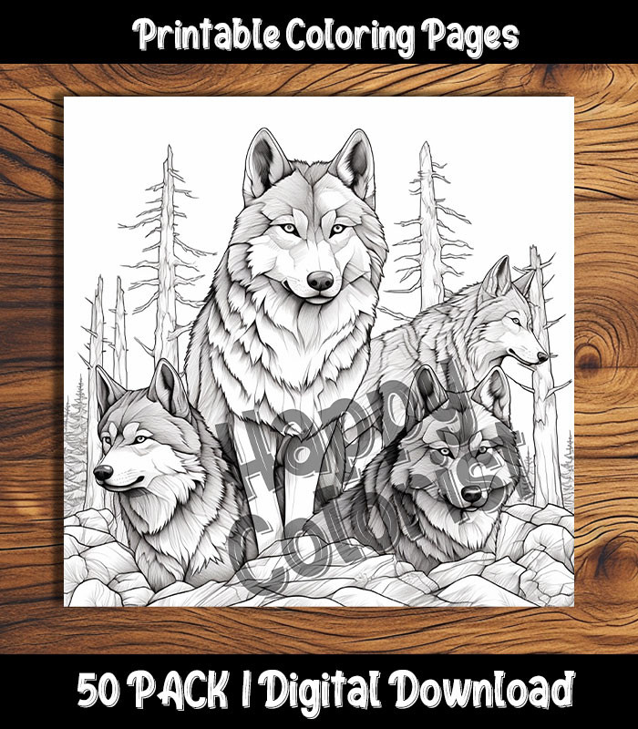 Wolves Coloring Pages Digital 50 Pack | Happy Colorist